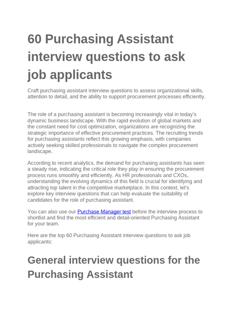 Purchasing Assistant Interview Questions To Ask Job Applicants | PDF | Procurement | Supply Chain