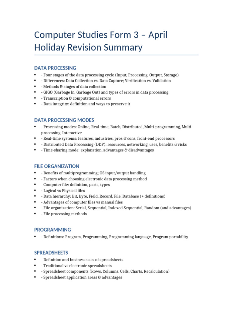 Computer Studies Form3 Revision Summary | PDF