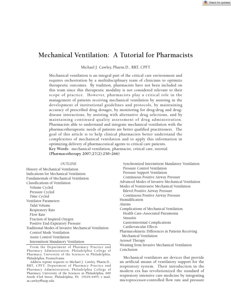 Pharmacotherapy - 2012 - Cawley - Mechanical Ventilation A Tutorial For Pharmacists | PDF ...
