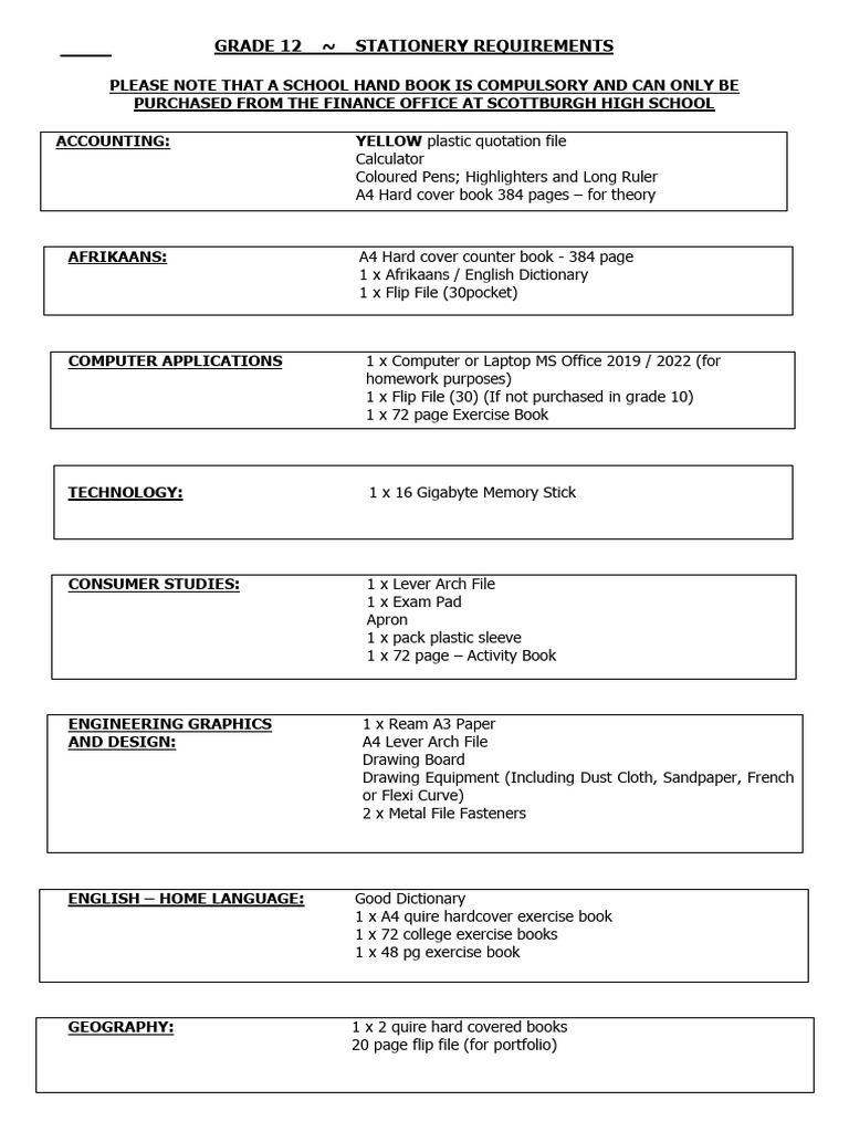 Grade 12 Stationery List 2025 | PDF | Notebook | Books