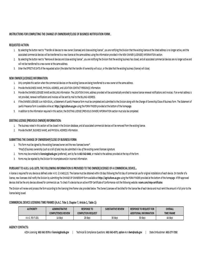 Arizona Change of Ownership_Close of Business Notification Form (2023 ...