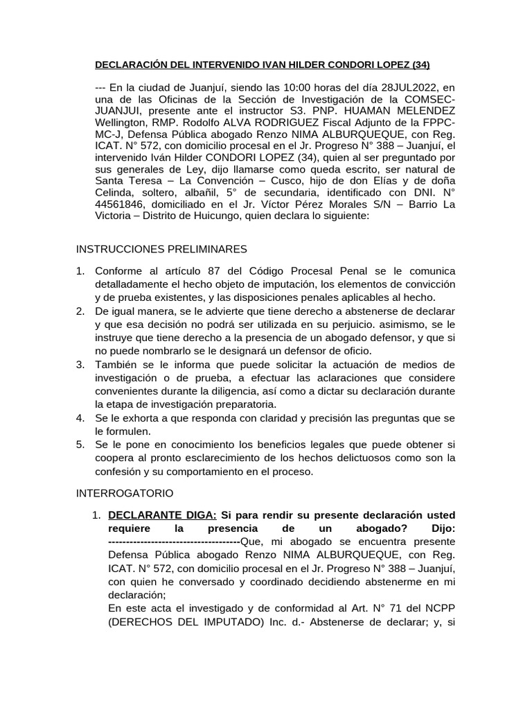 Declaración de Iván Hilder Condori López | PDF | Justicia | Crimen y ...