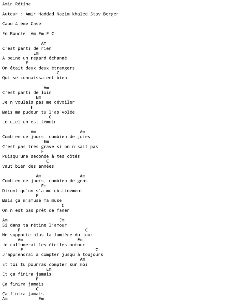 Paroles de "Rétine" par Amir | PDF