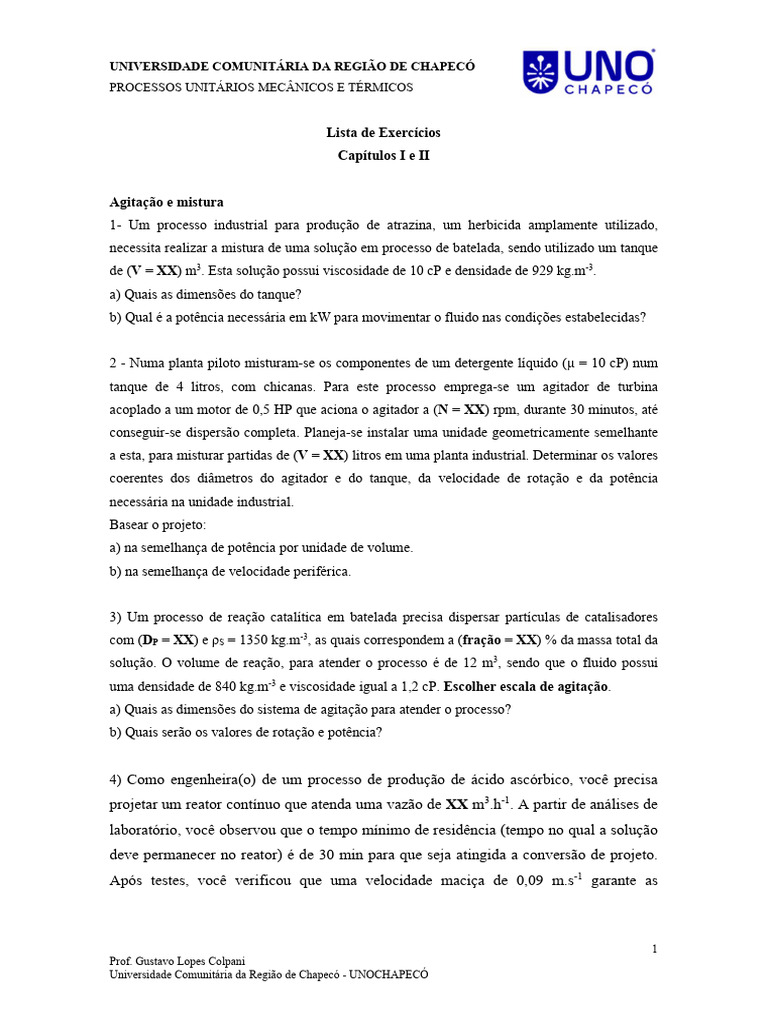 Lista de Exercicios Capitulos I e II | PDF | Potência (Física) | Viscosidade