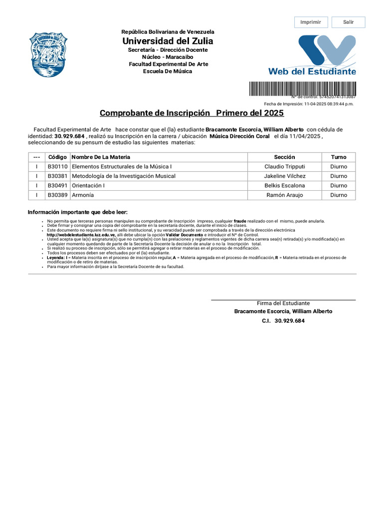 Comprobante de Inscripción 2025 | PDF