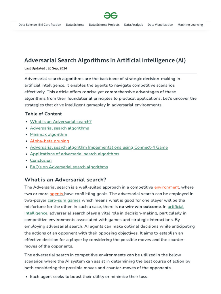 Adversarial Search Algorithms in Artificial Intelligence (AI) - GeeksforGeeks | PDF | Algorithms ...