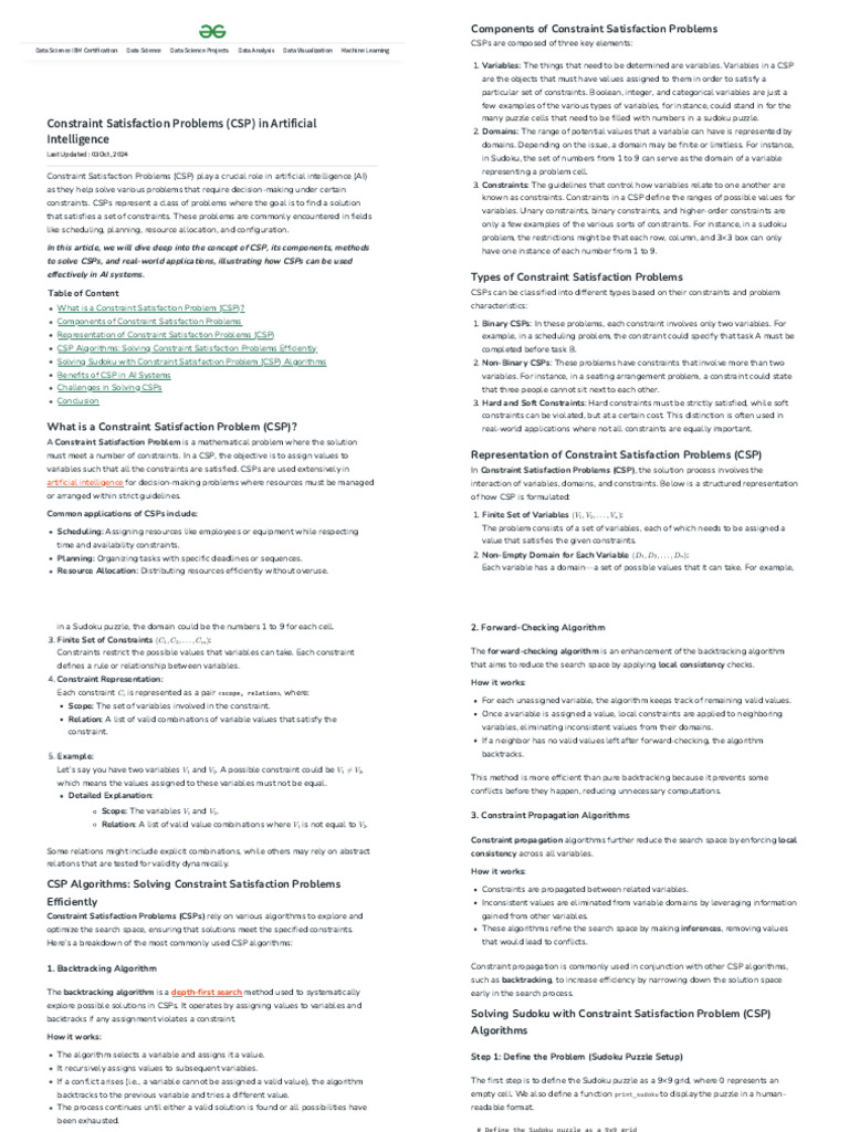Constraint Satisfaction Problems (CSP) in Artificial Intelligence - GeeksforGeeks | PDF ...