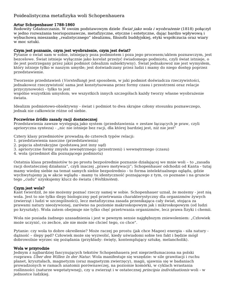 Poidealistyczna Metafizyka Woli Schopenhauera Wykład | PDF