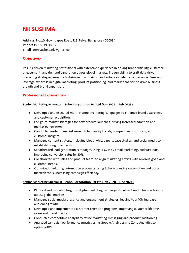 NK Sushma - Marketing Resume | PDF | Digital Marketing | Marketing