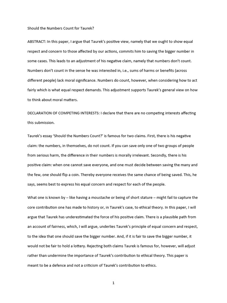 Should the Numbers Count for Taurek FV | PDF | Utilitarianism | Justice
