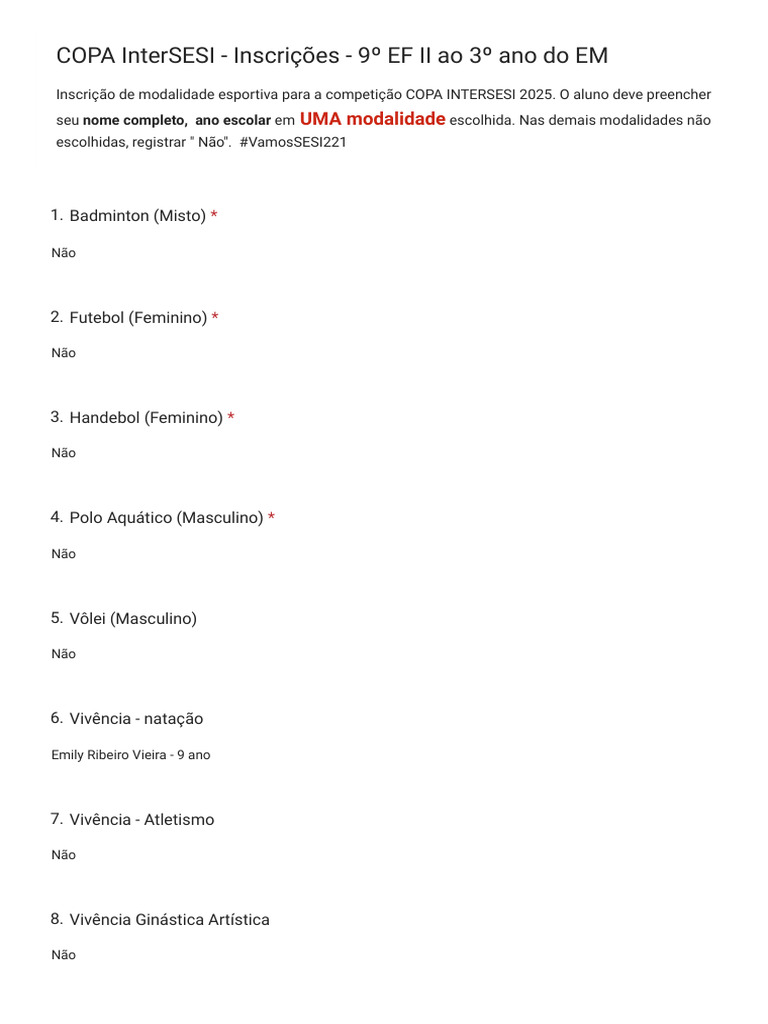 COPA InterSESI - Inscrições - 9º EF II ao 3º ano do EM | PDF