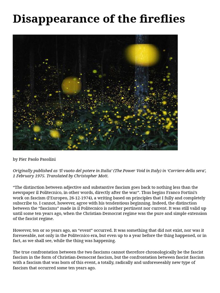 Pier Paolo Pasolini, - Disappearance of The Fireflies, - Trans - Christopher Mott | PDF ...