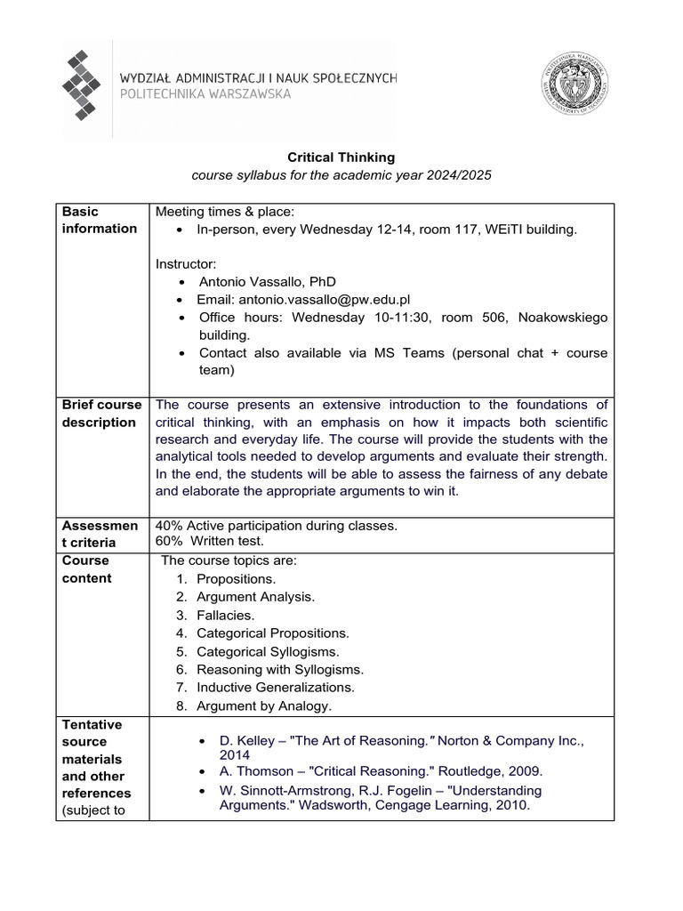 Critical Thinking Course Syllabus 2024/25 | PDF