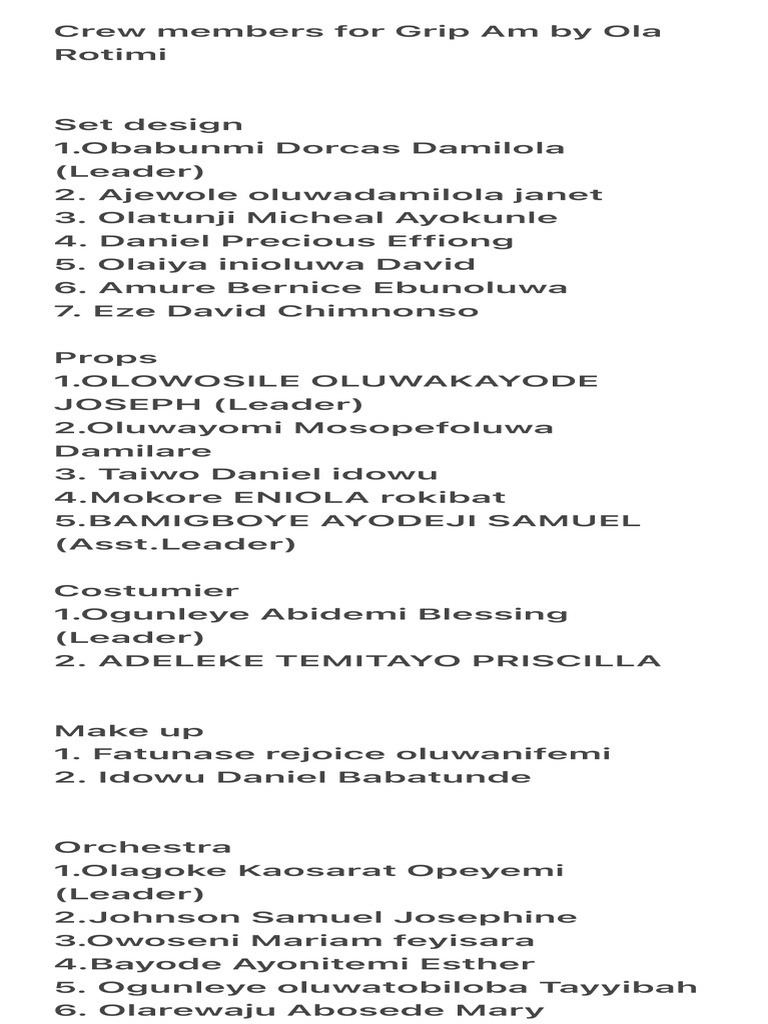 Crew Members For Grip Am by Ola Rotimi | PDF