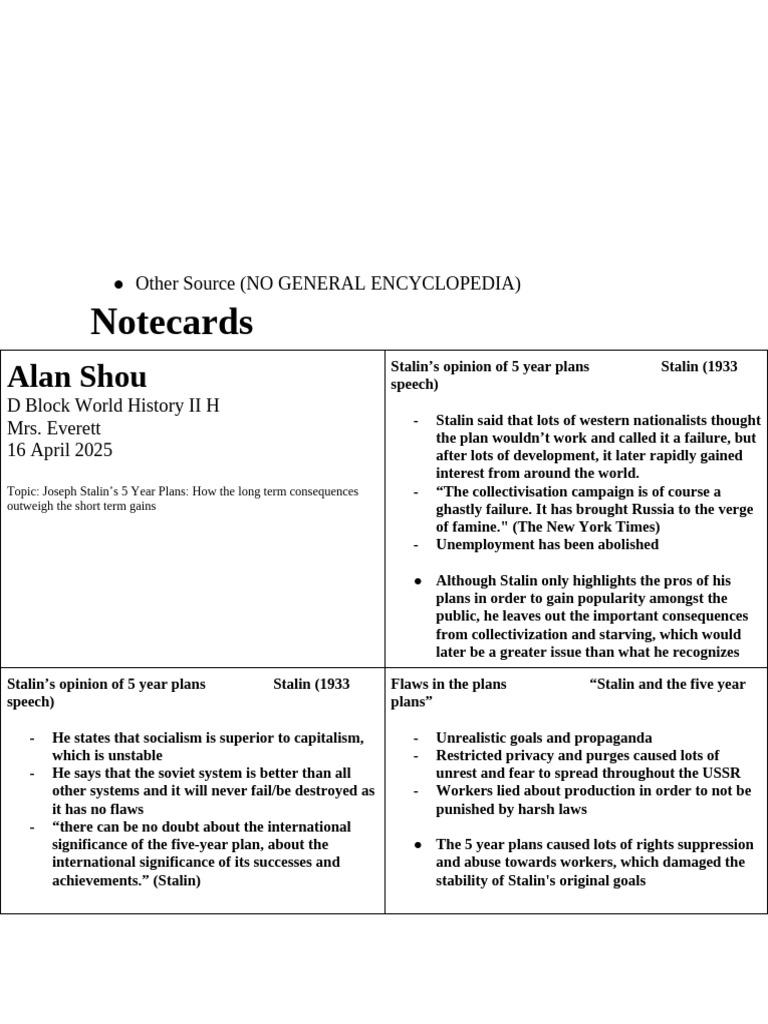 Stalin Five Year Plans Expanded Notecards With Sources | PDF | Joseph ...