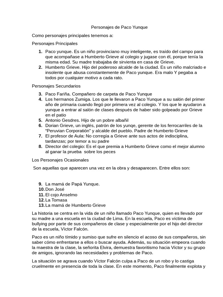 Personajes de Paco Yunque | PDF