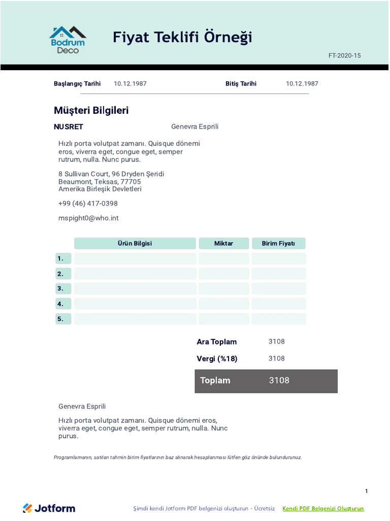 Fiyat Teklifi Örneği - Jotform PDF Düzenleyici | PDF