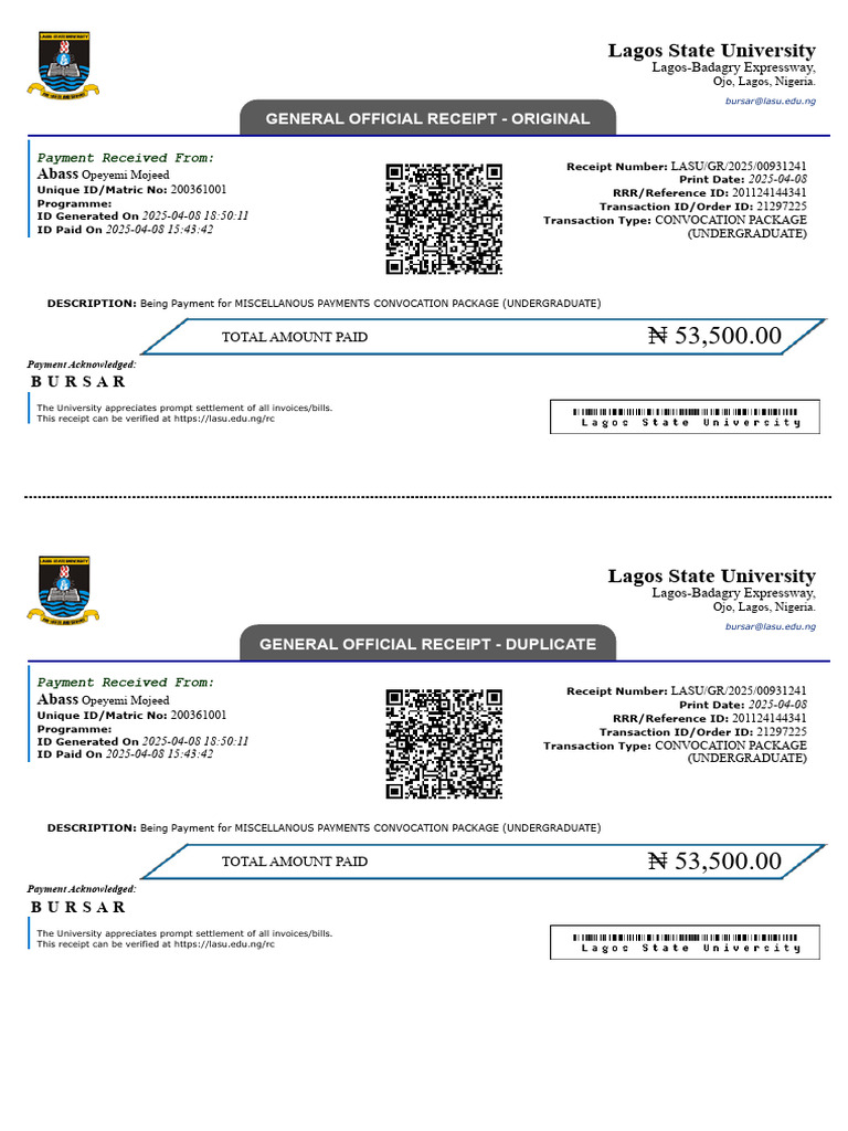 Receipt for Abass Opeyemi _ Payment for MISCELLANOUS PAYMENTS CONVOCATION PACKAGE (UNDERGRADUATE ...