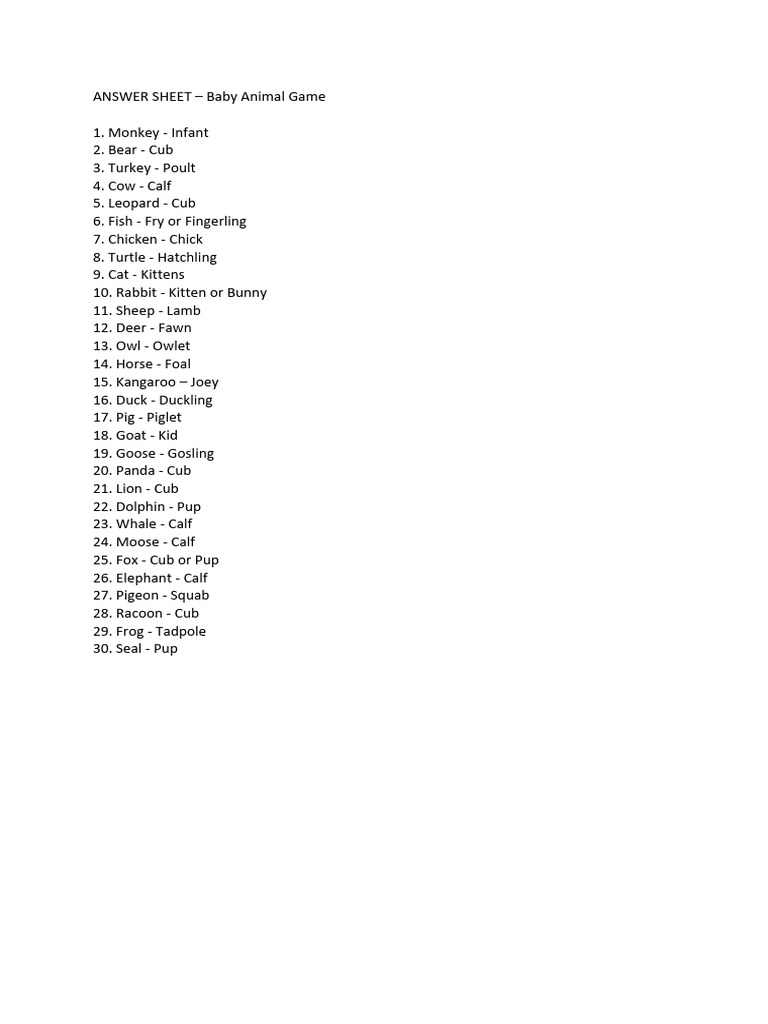 Answer Sheet Animal Game | PDF