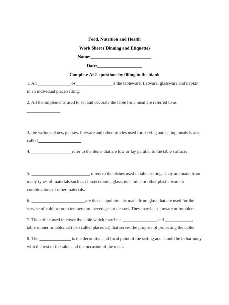 Worksheet Dining and Etiquette | PDF
