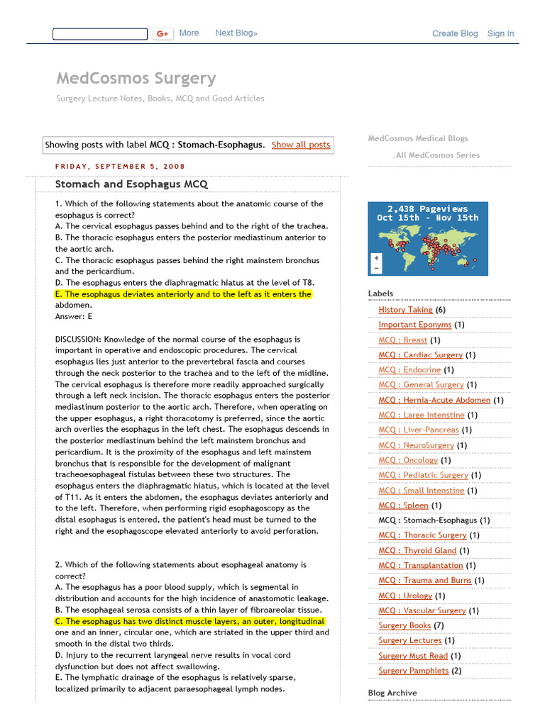 MedCosmos Surgery_ MCQ _ Stomach-Esophagus | PDF | Esophagus | Esophageal Cancer