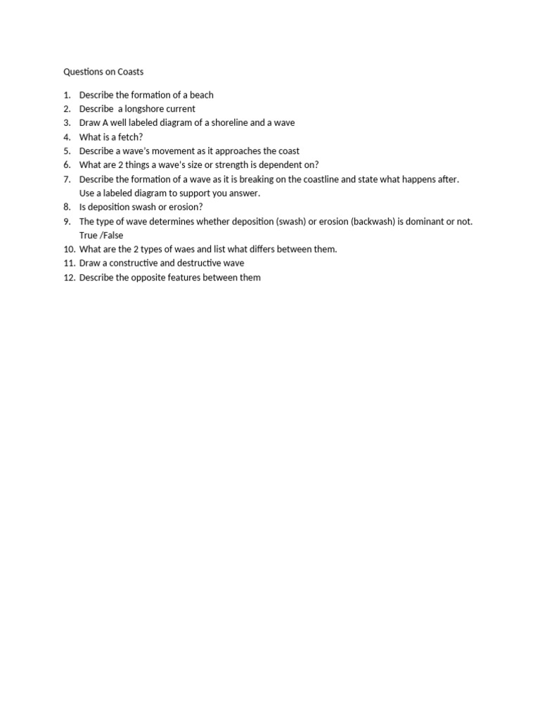 Questions On Coasts | PDF