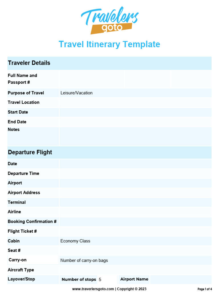 Fillable-Travel Itinerary Template | PDF
