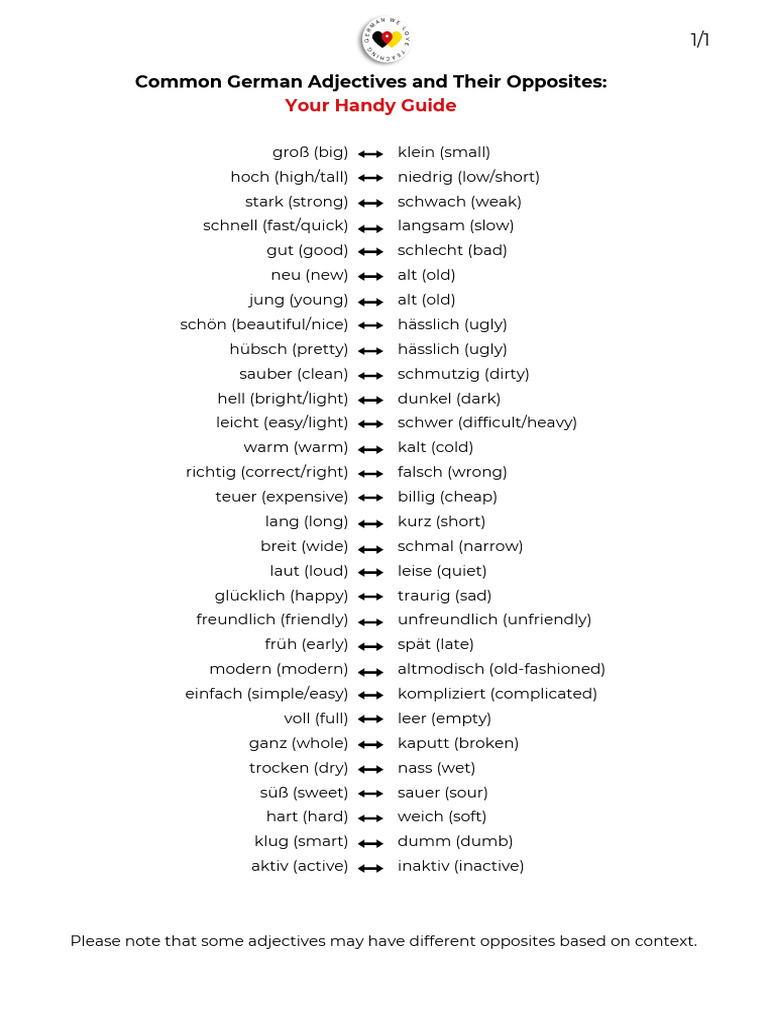 Common German Adjectives & Opposites | PDF