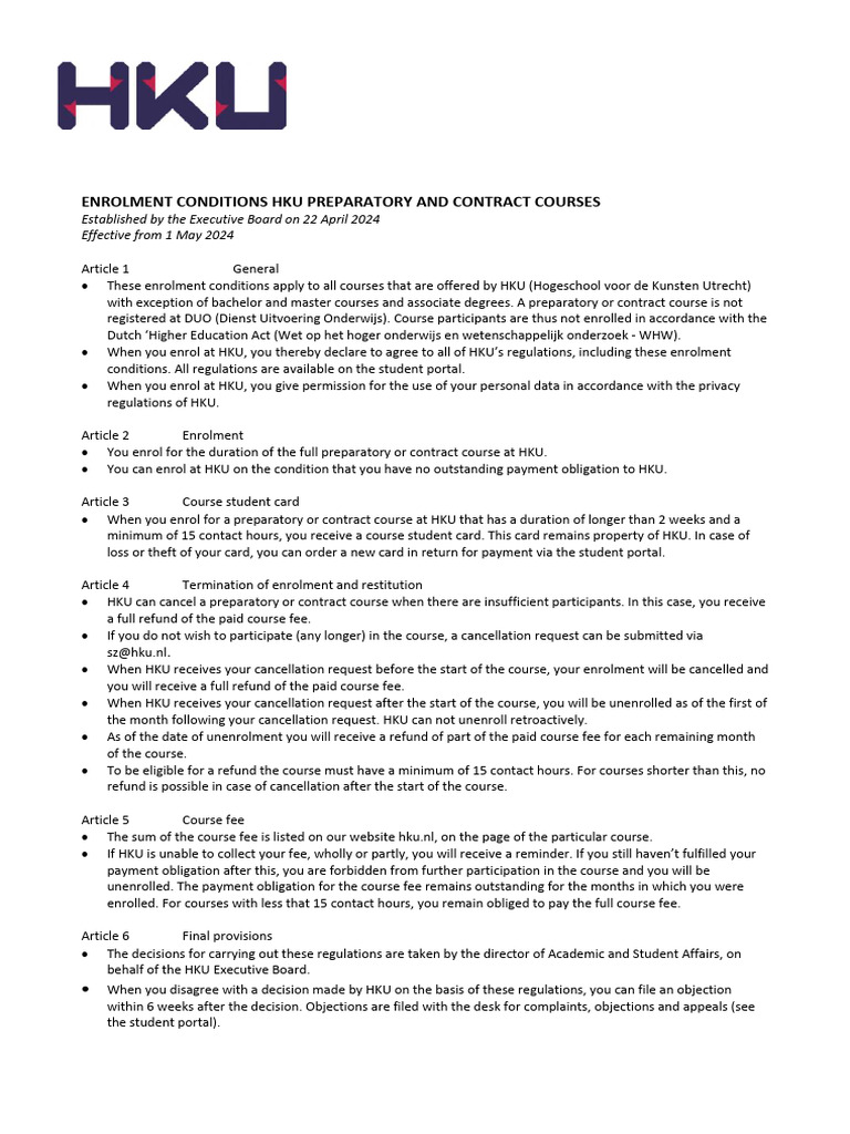 Enrolment-Conditions-Preparatory-and-Contract-Courses-HKU-2024 | PDF