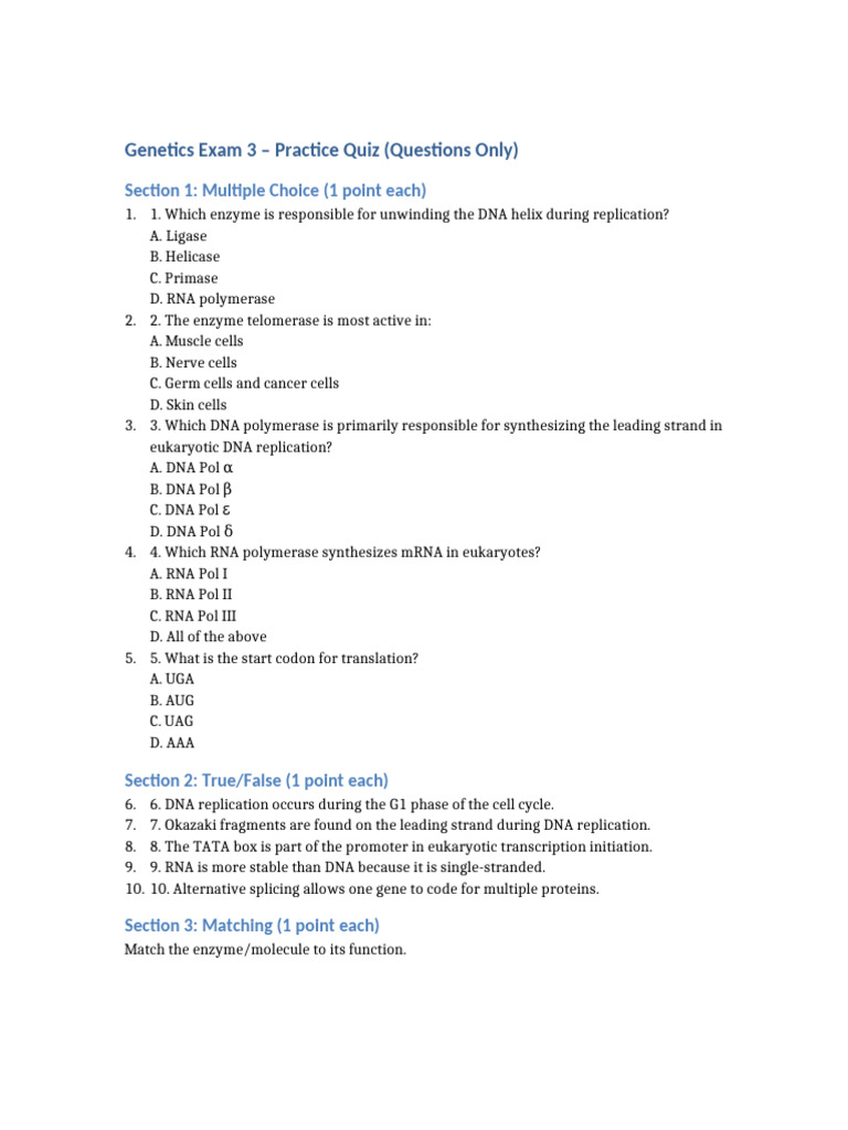 Genetics Exam 3 Practice Quiz | PDF