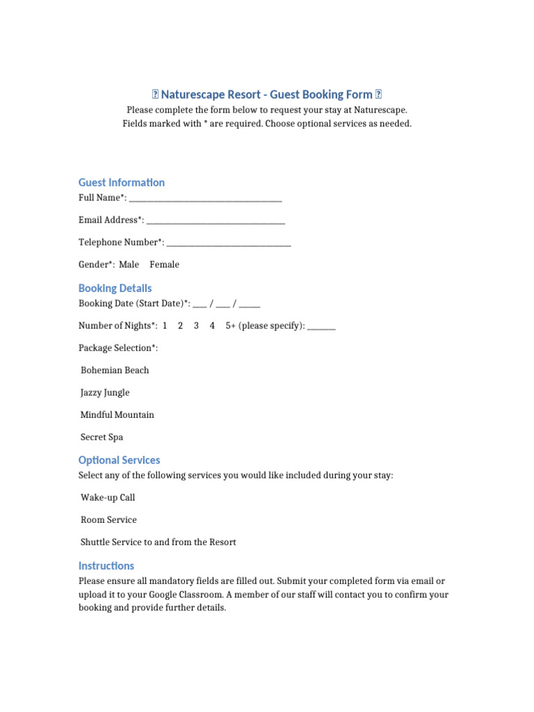 Naturescape Resort Booking Form | PDF