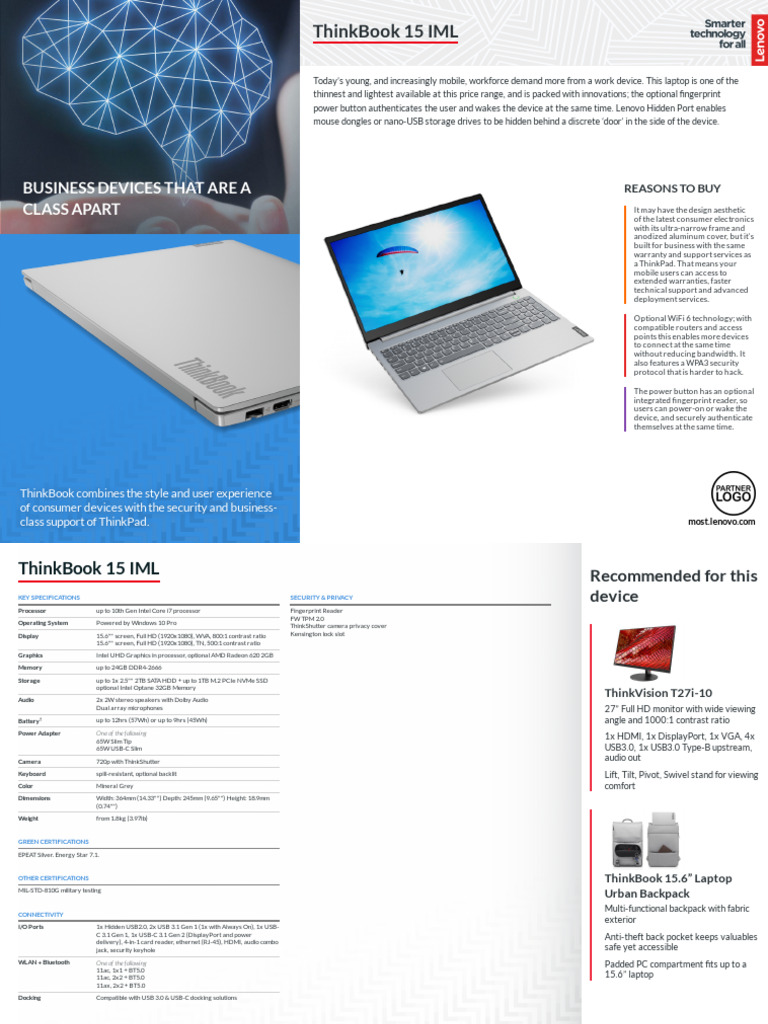 ThinkBook 15 IML Overview and Specs | PDF | Usb | Laptop