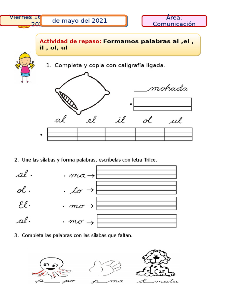 Actividades de palabras al, el, il, ol, ul | PDF