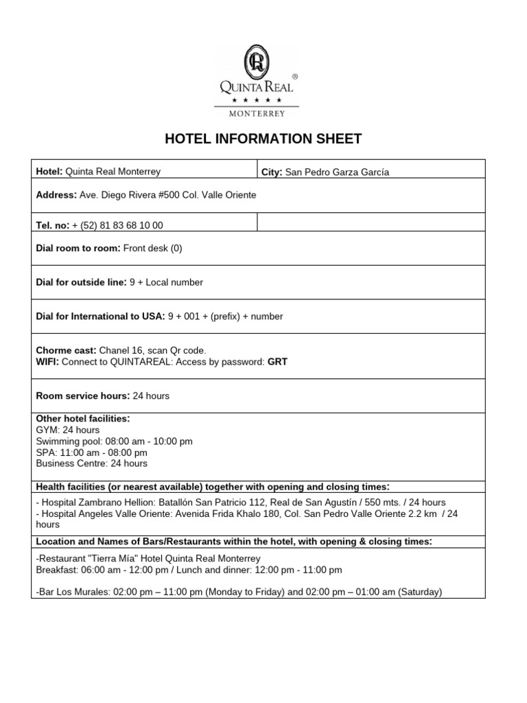 HOTEL INFORMATION SHEET Asertur | PDF