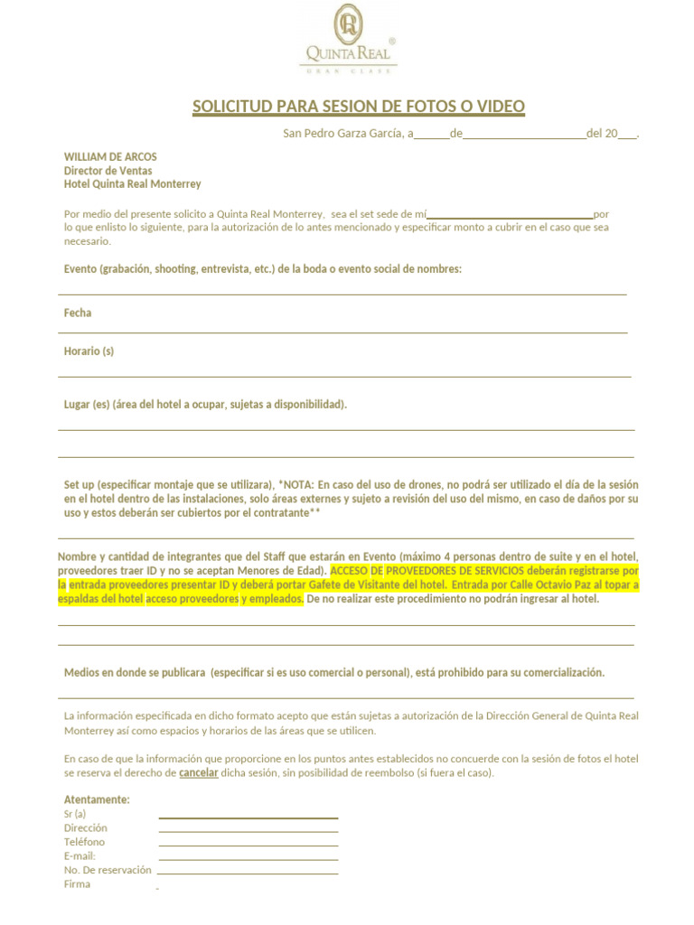 Solicitud de Toma de Fotos y Video Hotel Quinta Real Monterrey | PDF