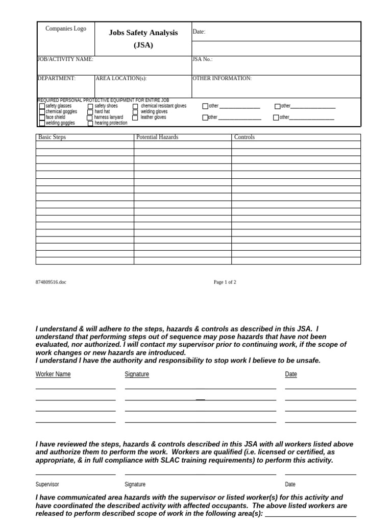 Job Safety Analysis (JSA) Template | PDF