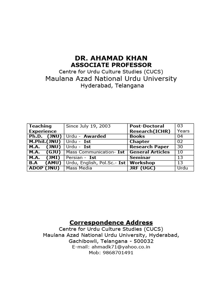 Dr. Ahamad Khan - CV-MANUU | PDF | Urdu