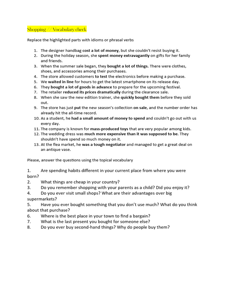 Shopping Vocabulary Worksheet | PDF