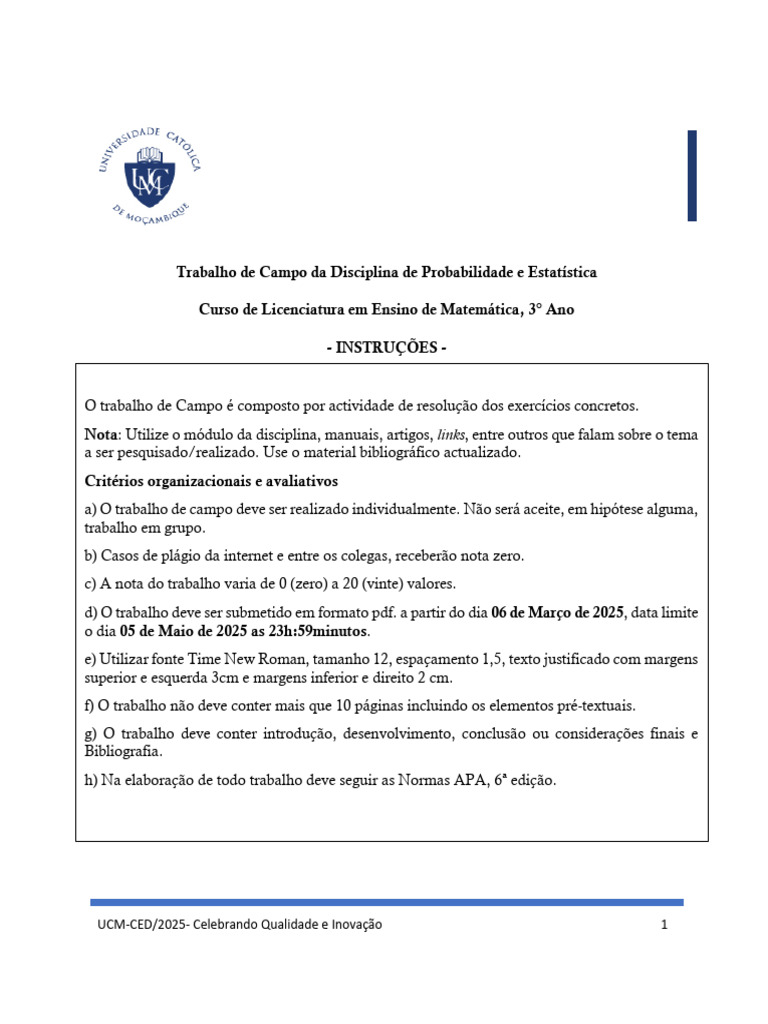 Trab Campo 2025 Probabilidade e Estatistica Carlos Matavele | PDF | Tipo sanguíneo | Desvio padrão