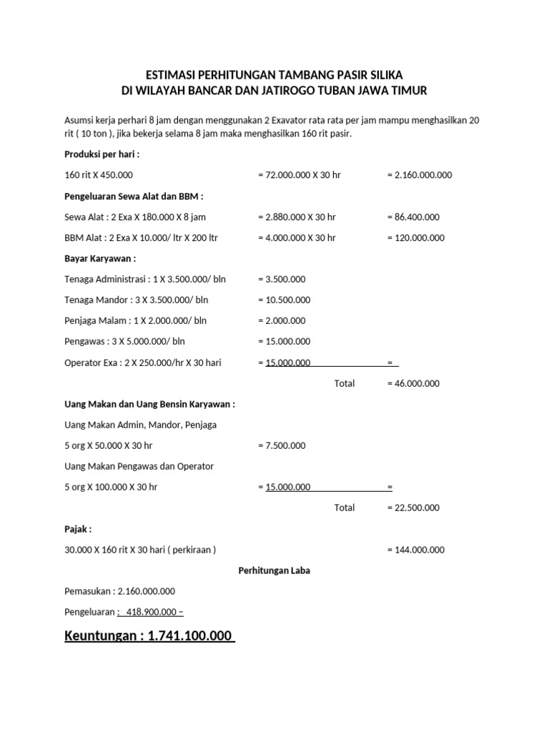 Estimasi Perhitungan Tambang Pasir Silika | PDF
