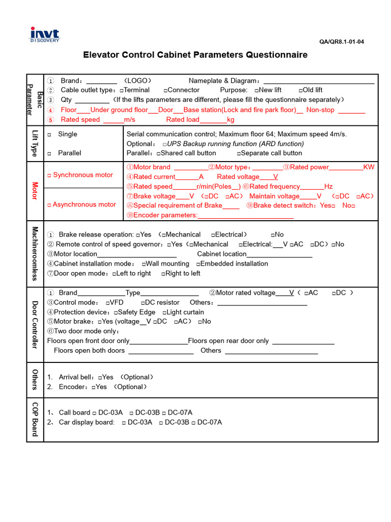 Elevator Cabinet Parameters Invt Questionnaire | PDF | Elevator ...