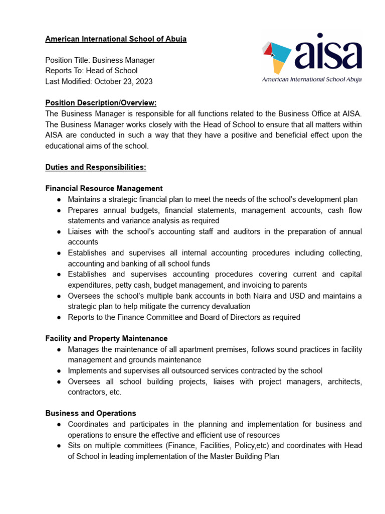 Job Description Business Manager Position 1 | PDF | Budget | Economies
