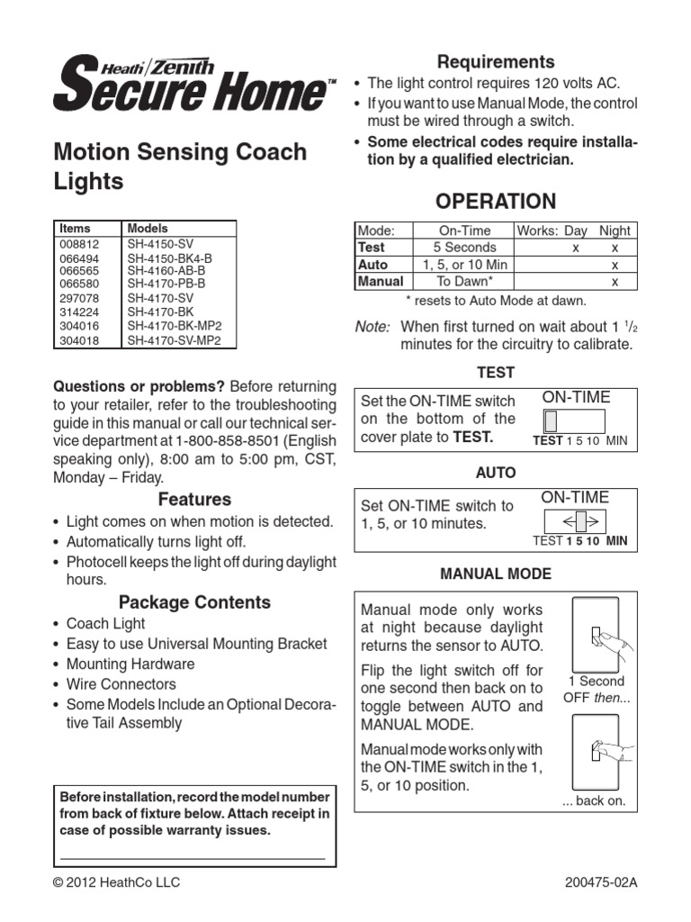 Heath - Outdoor Front Motion Sensing Coach Light - 200475 02A | PDF | Electrical Wiring | Wire