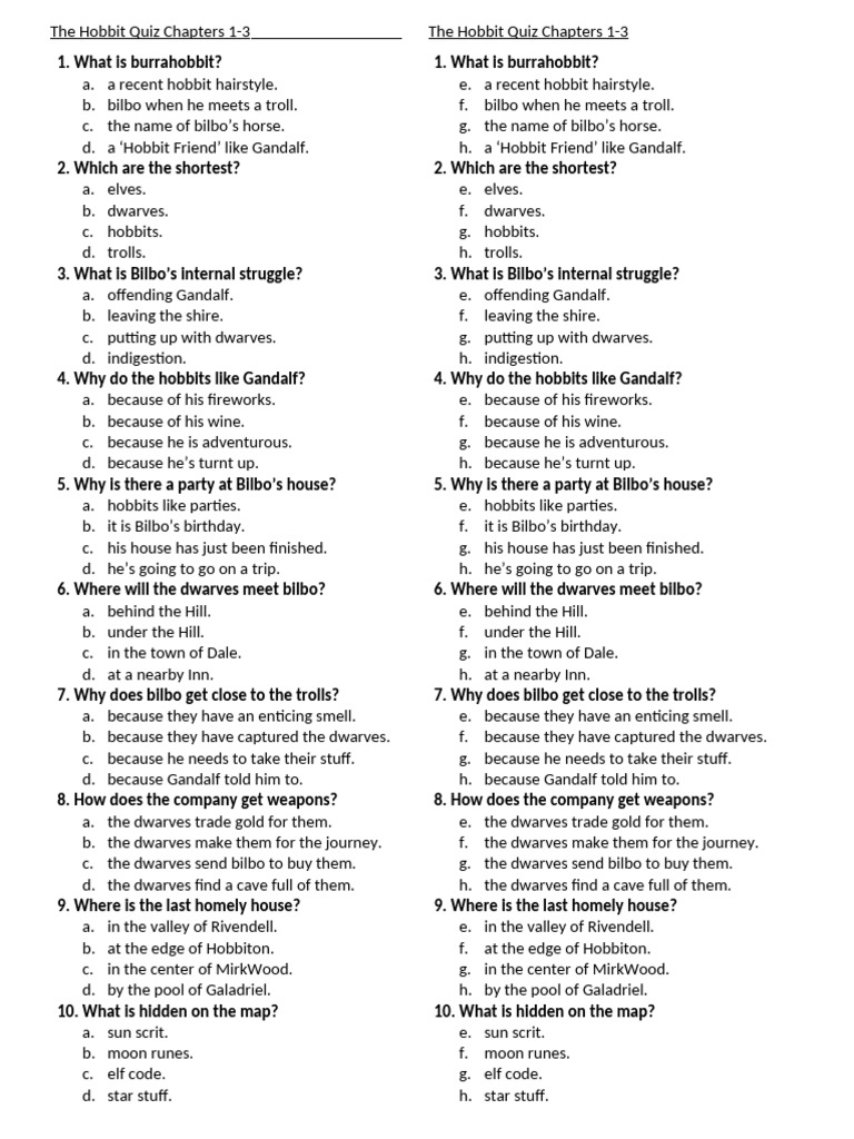 The Hobbit Quiz: Chapters 1-3 | PDF | Bilbo Baggins | The Hobbit