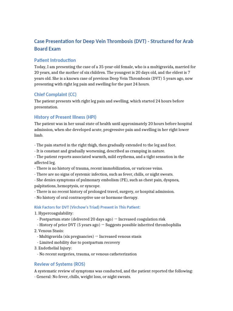 DVT Case Presentation | PDF | Thrombosis | Medicine
