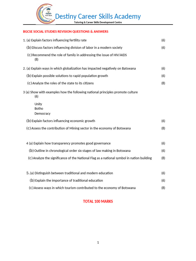 Bgcse Social Studies Revision Questions Part1 | PDF | Family Planning ...