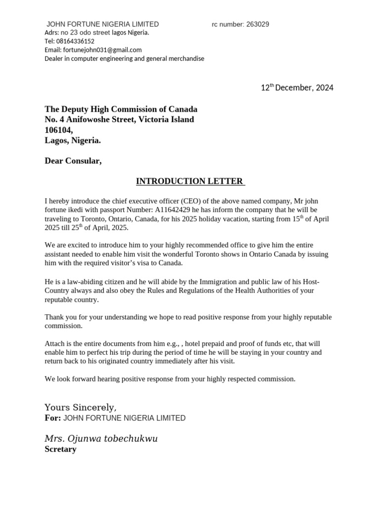 Intro Letter John Fortune Ikedi | PDF