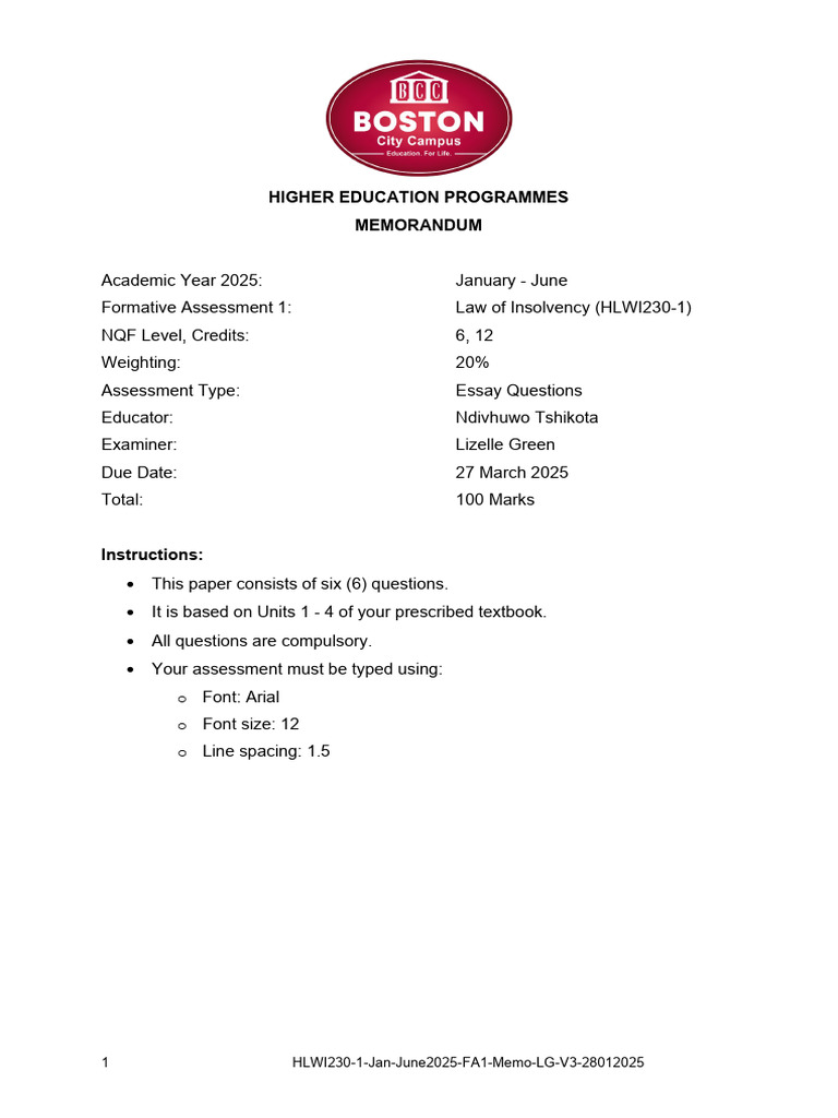 HLWI230-1-Jan-Jun2025-FA1-Memo-LG-V3-28012025 | PDF | Bankruptcy ...