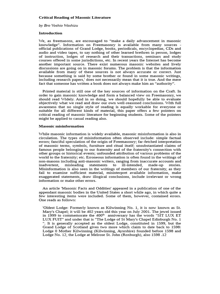 Critical Reading of Masonic Literature | PDF | Masonic Lodge | Freemasonry