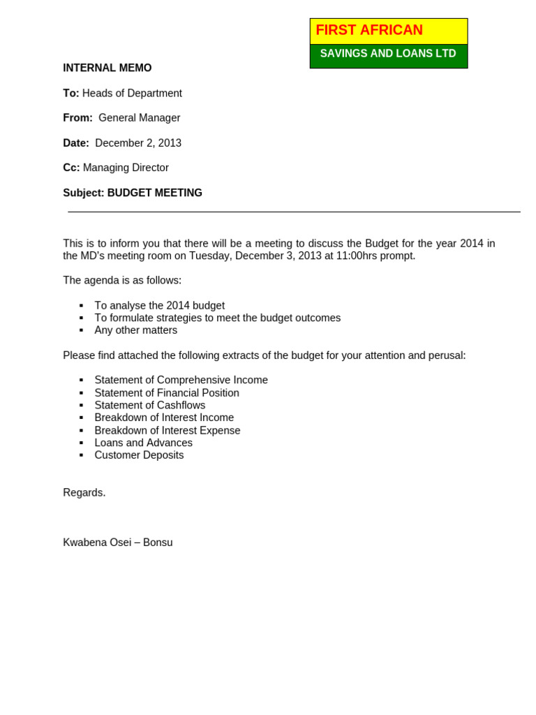 Internal Memo Format - Budget Meeting 2014 | PDF